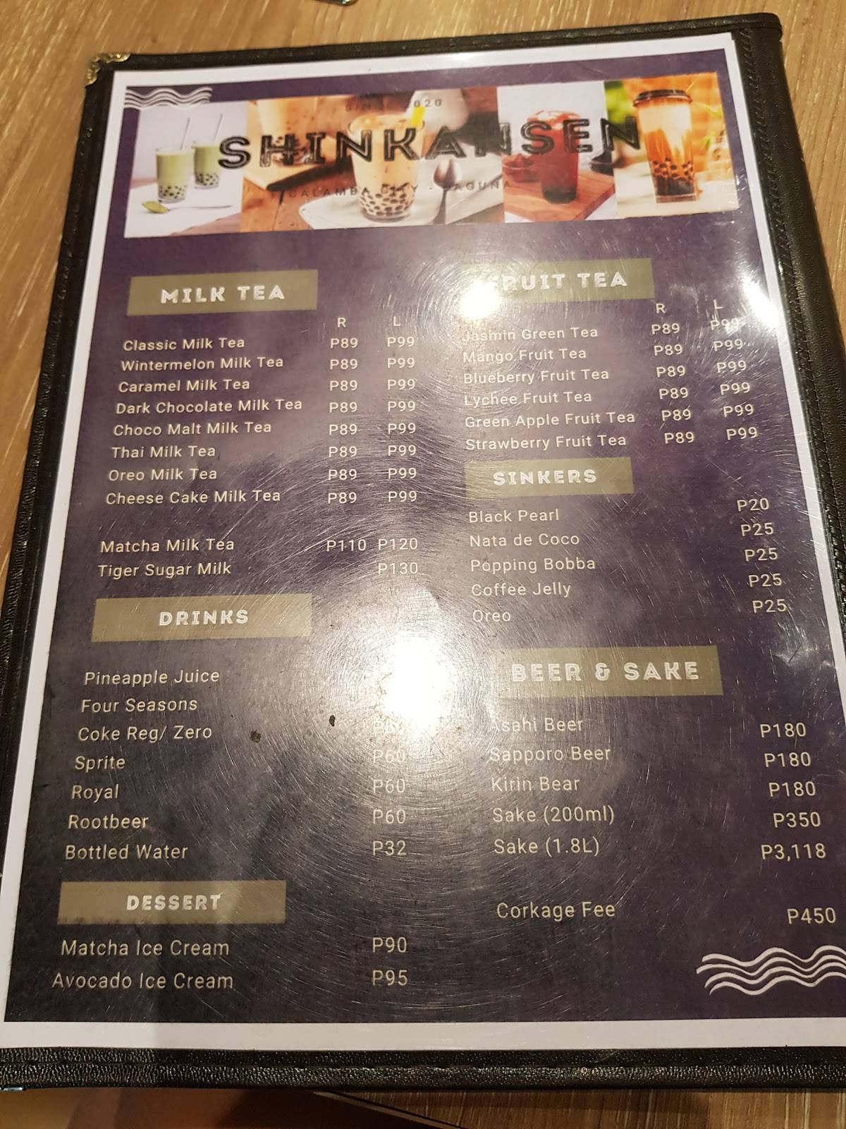 Menu at Shinkansen Ramen & Izakaya restaurant, Calamba