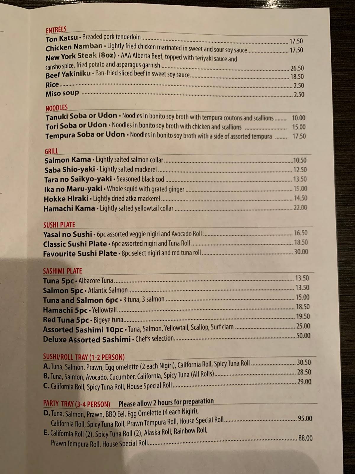 Menu at Roku Japanese Restaurant, Calgary