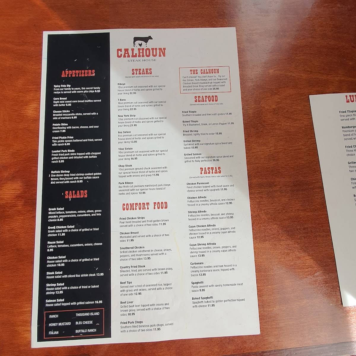 Menu at Calhoun Steakhouse, Jacksonville