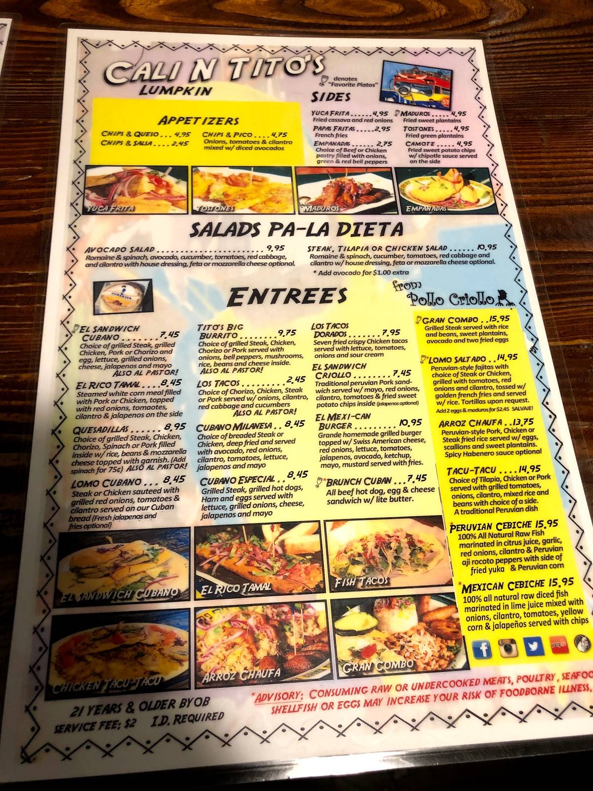 Menu at Cali N Tito's restaurant, Athens, S Lumpkin St