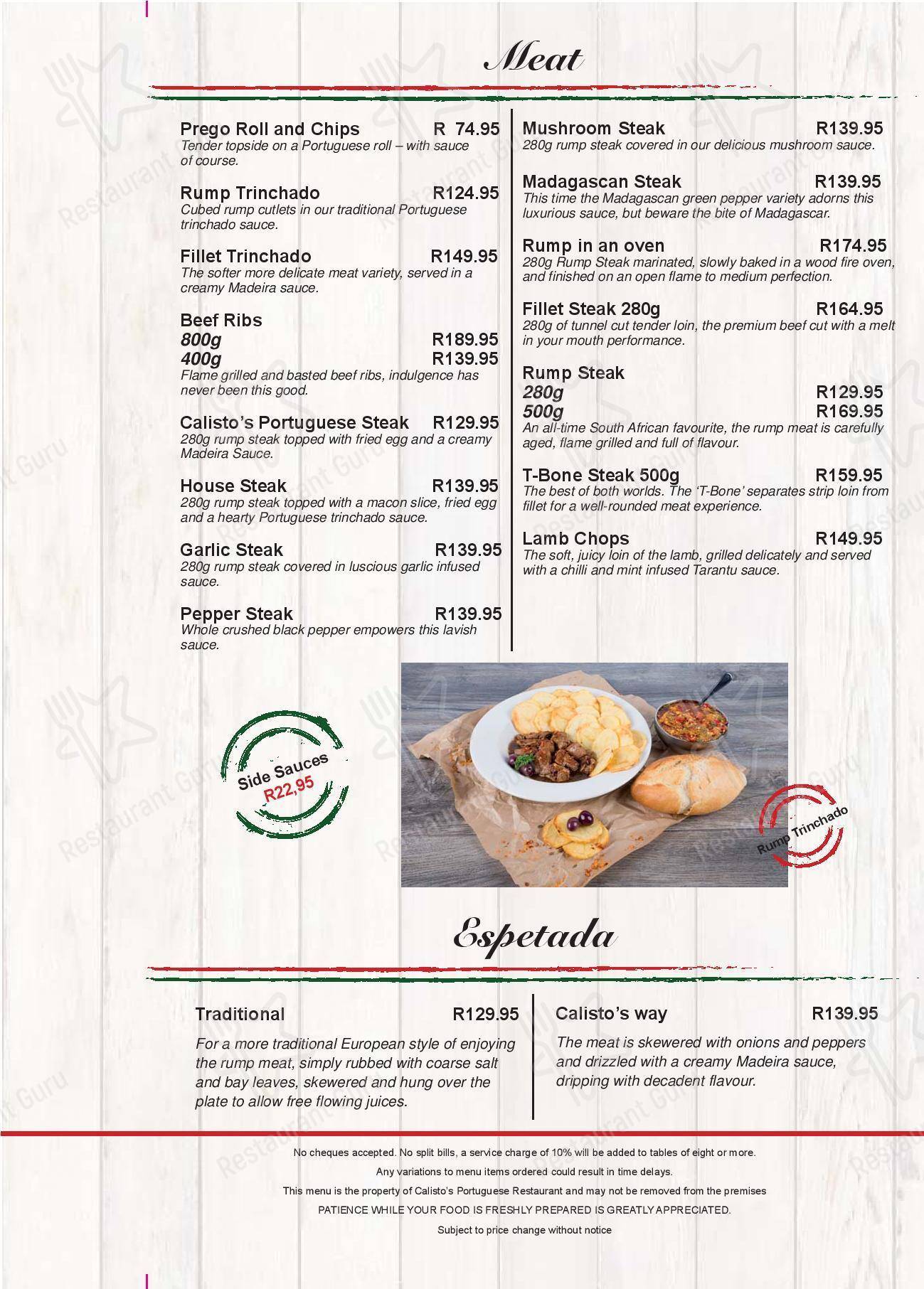 Menu at Calistos restaurant, Sun City