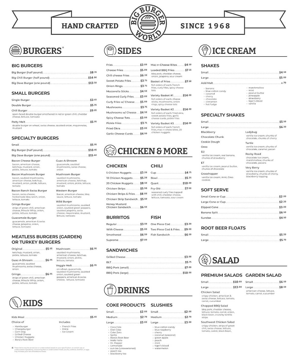 Menu at Big Burger World restaurant, Cañon City