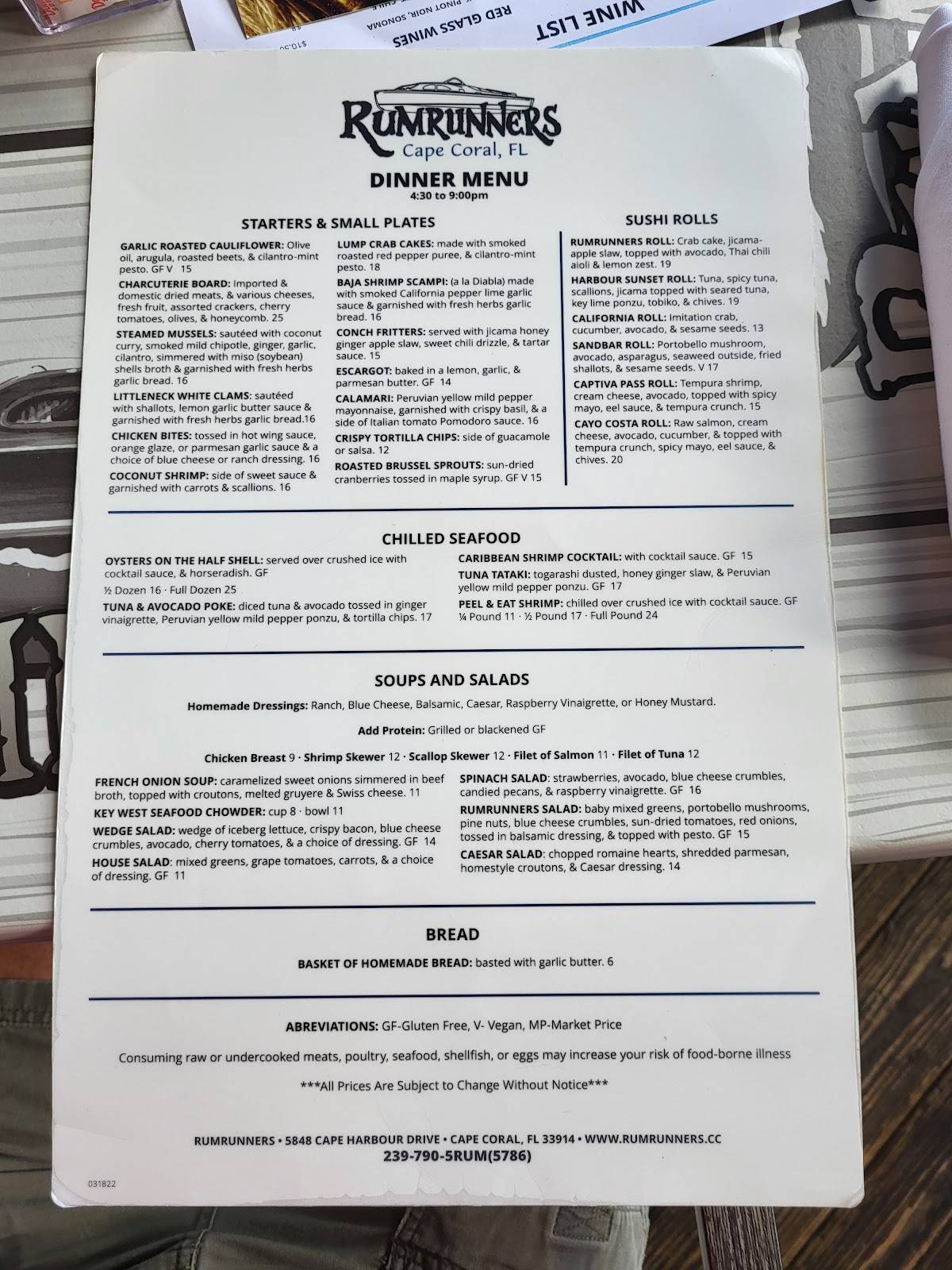 Menu at Rumrunners steakhouse, Cape Coral, Cape Harbour Dr