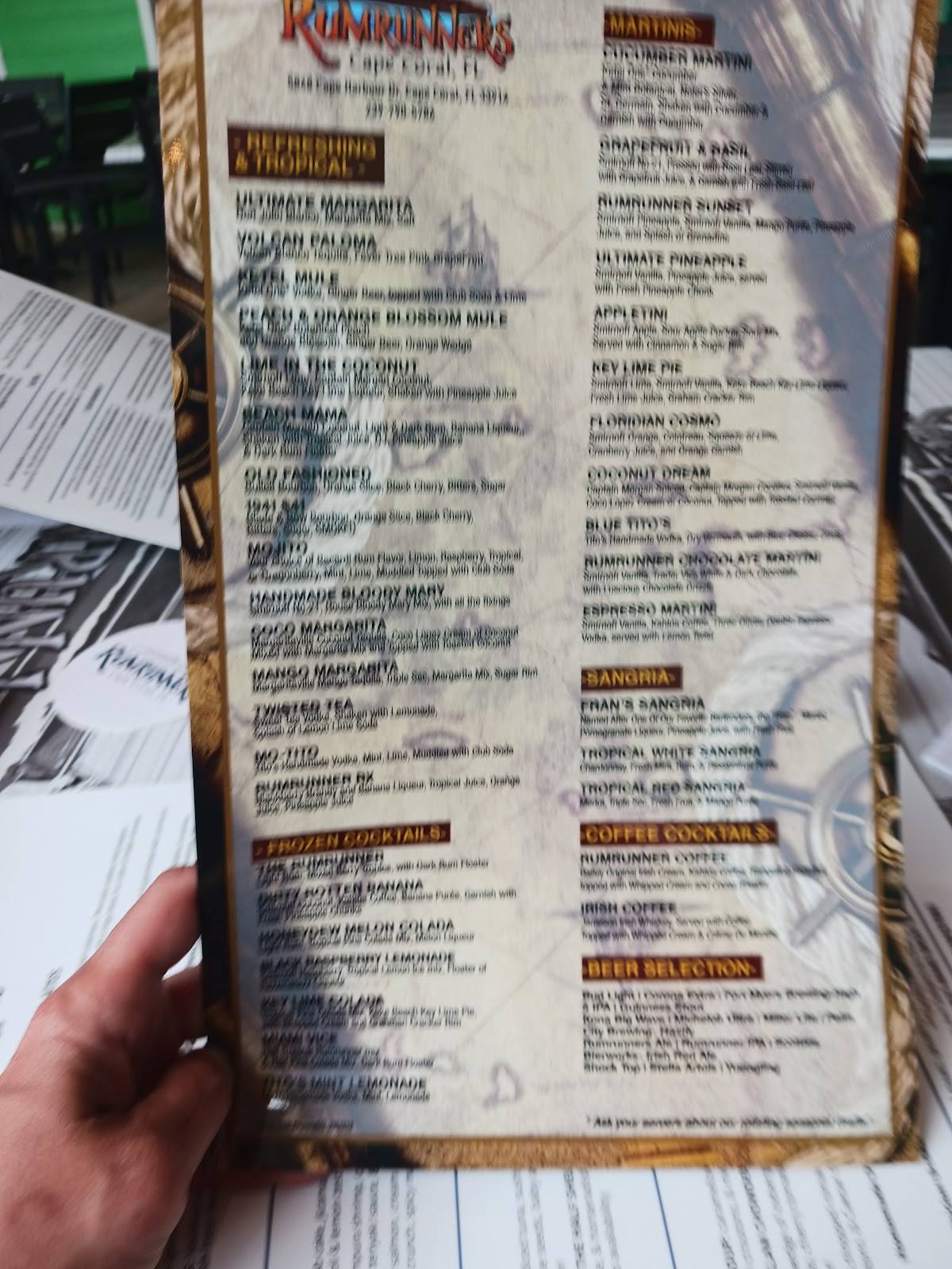 Menu at Rumrunners steakhouse, Cape Coral, Cape Harbour Dr