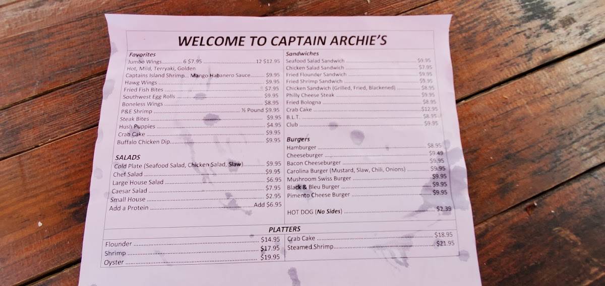 Menu at Captain Archie's pub & bar, North Myrtle Beach