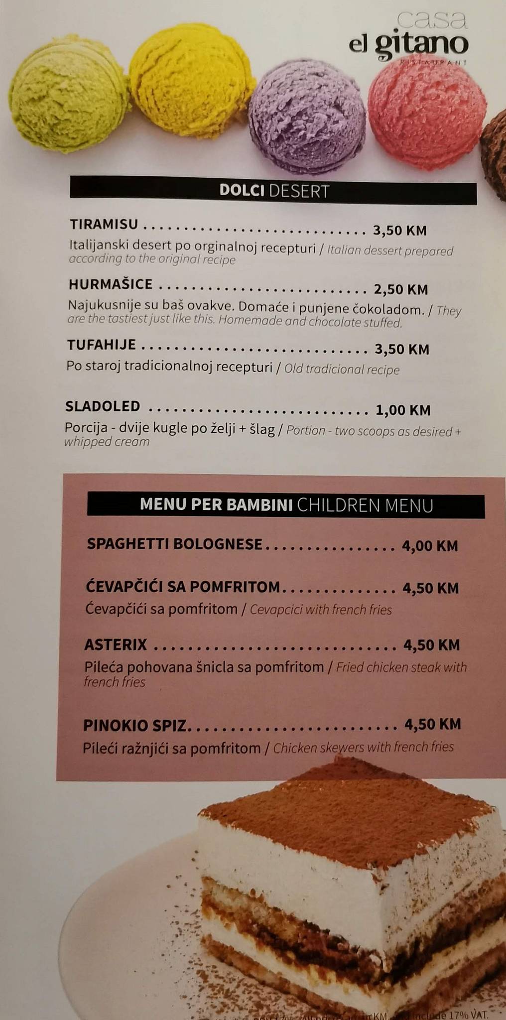 Menu at Casa El Gitano restaurant, Sarajevo