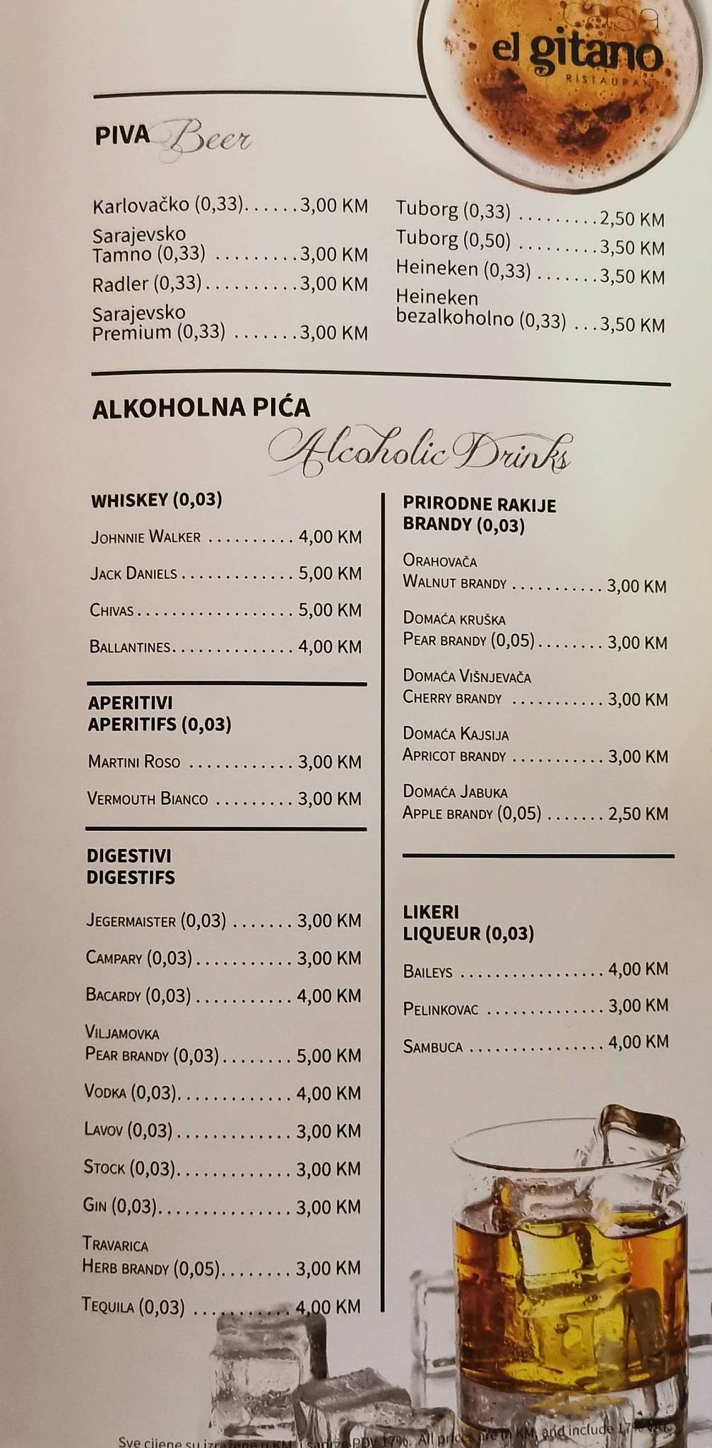 Menu at Casa El Gitano restaurant, Sarajevo