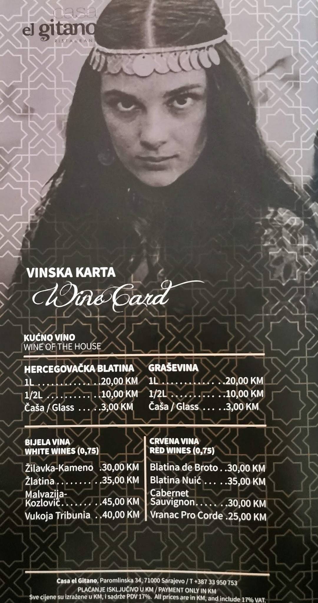 Menu at Casa El Gitano restaurant, Sarajevo