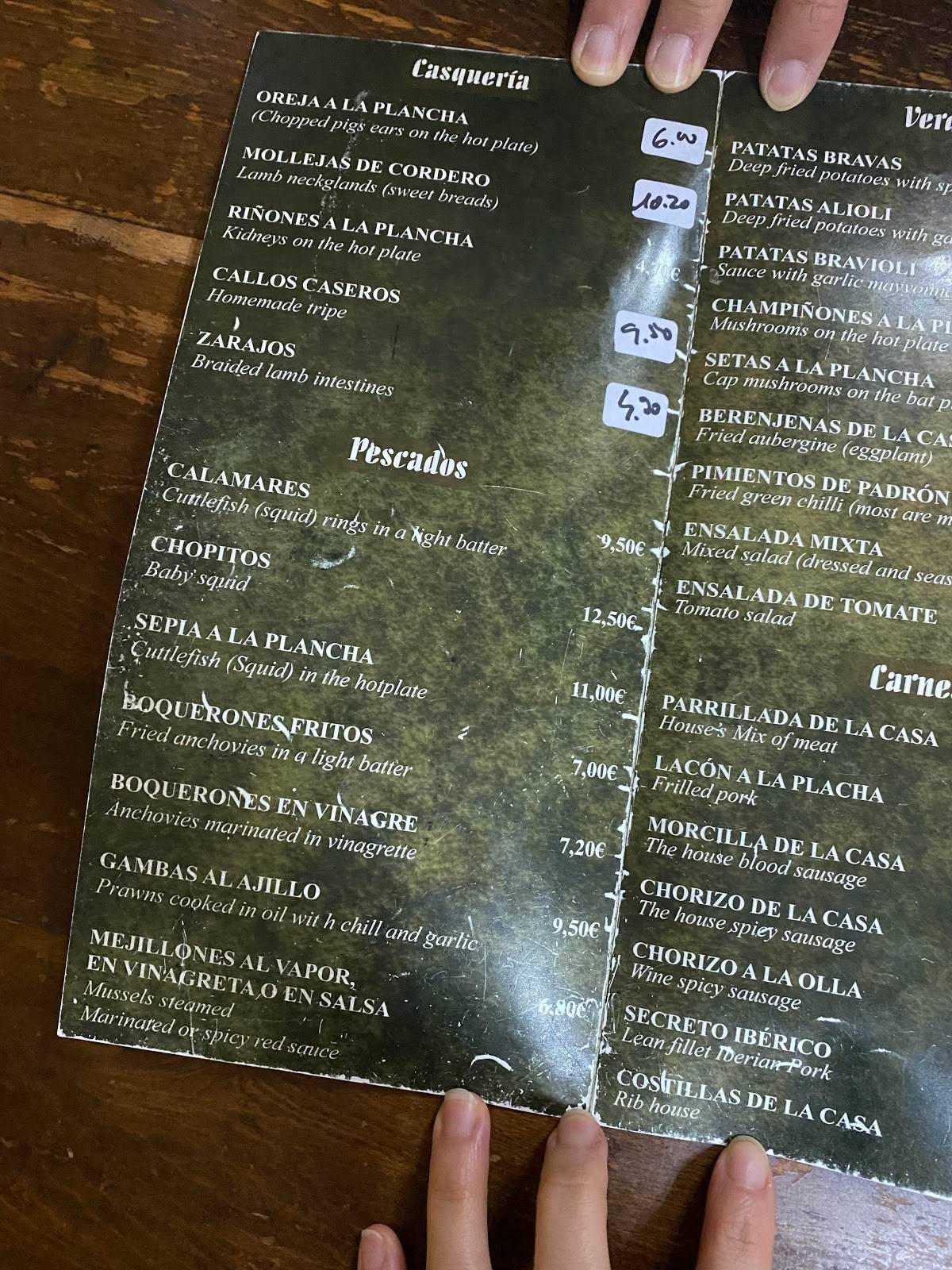 Menu at Casa Toni pub & bar, Madrid