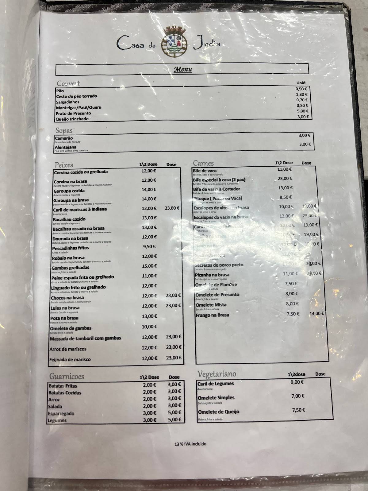 Menu at Casa da Índia restaurant, Lisbon