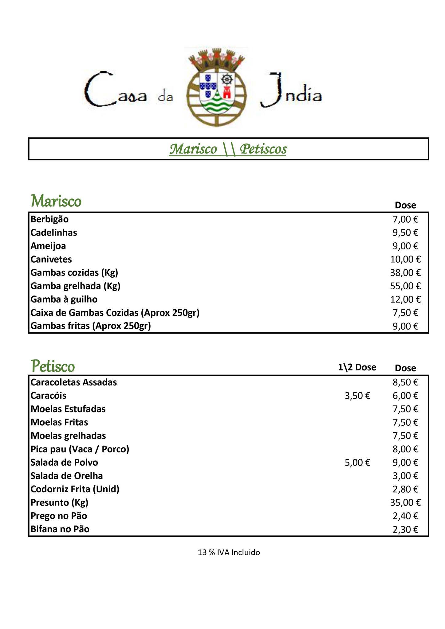 Menu at Casa da Índia restaurant, Lisbon