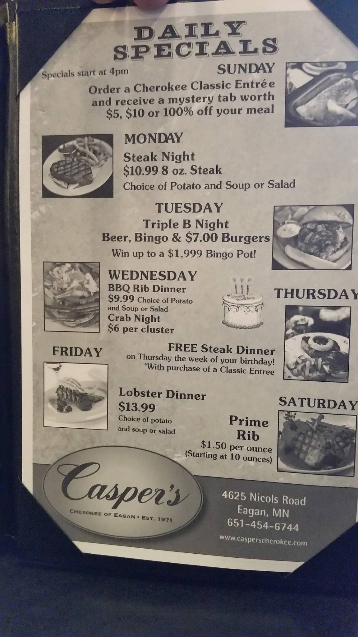 Menu at Casper's Cherokee of Eagan pub & bar, Eagan