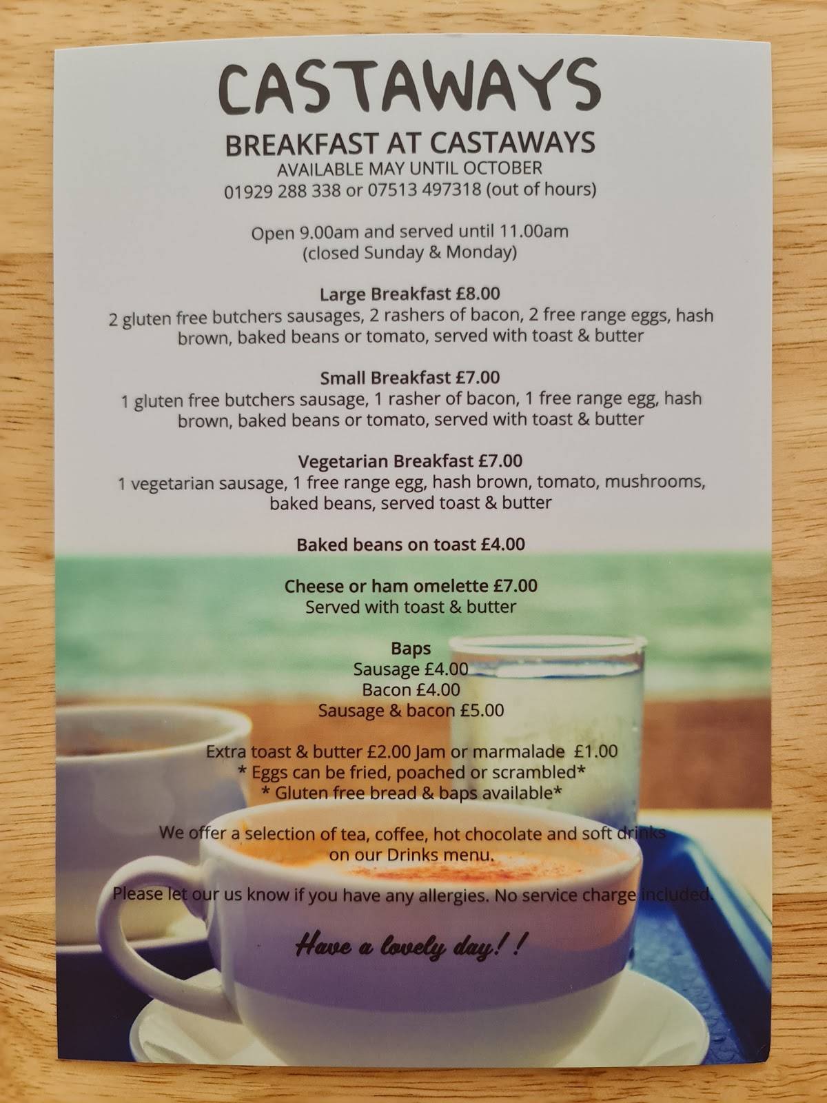 Menu at Castaways restaurant, Swanage