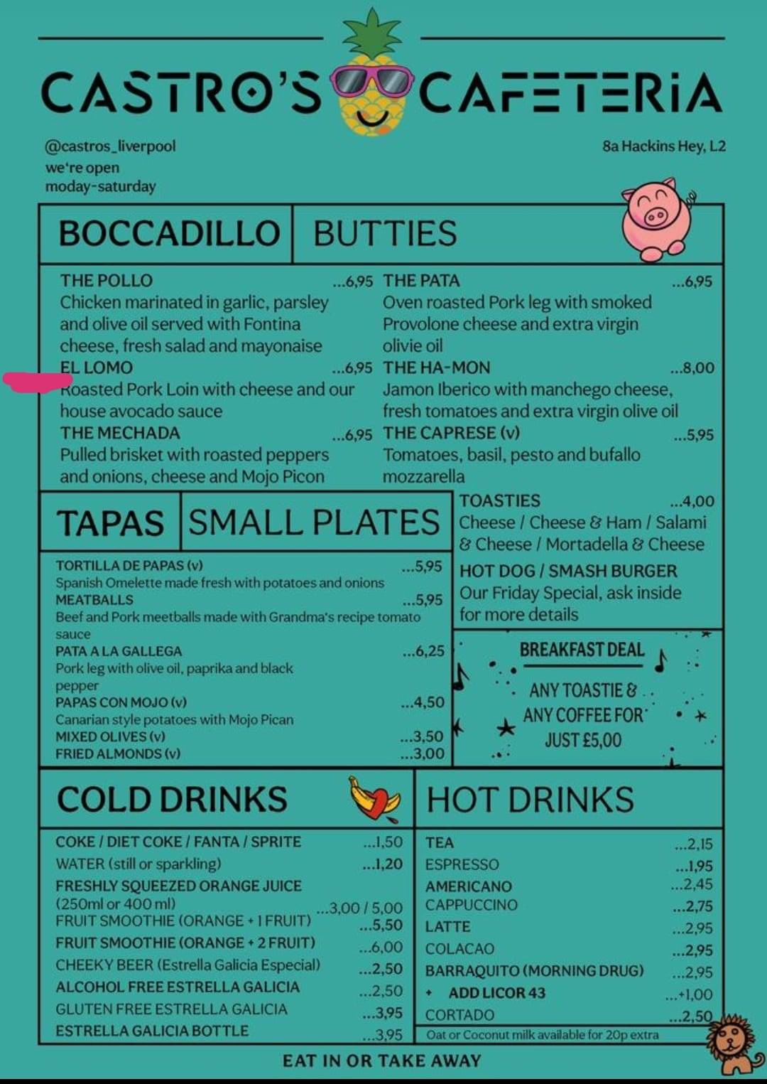 Menu at Castro's Cafeteria, Liverpool