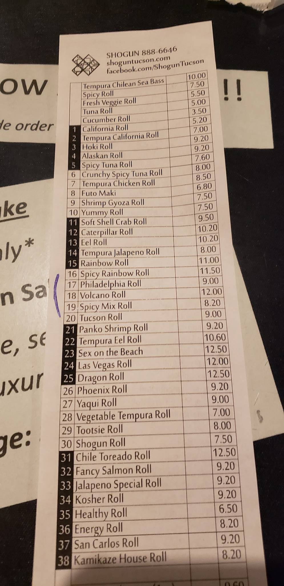 Menu at Shogun Japanese Restaurant, Tucson