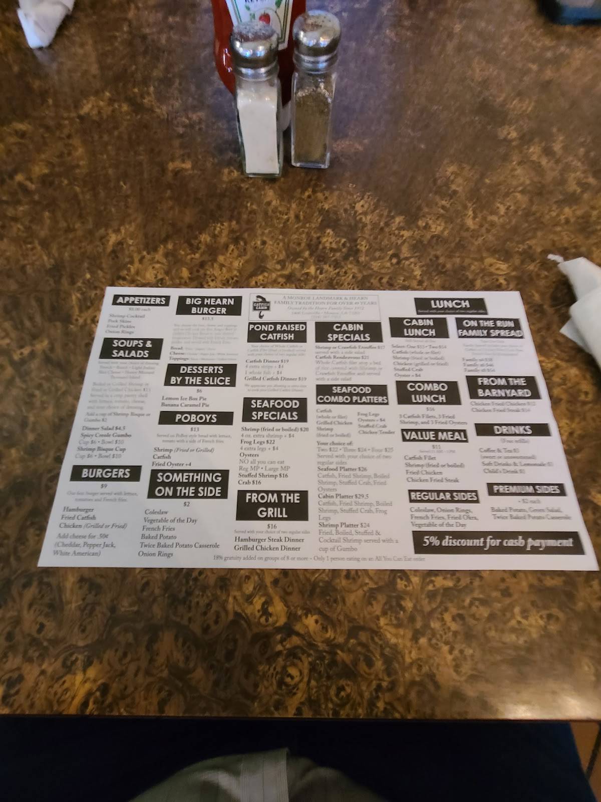 Menu at Catfish Cabin restaurant, Monroe, Louisville Ave