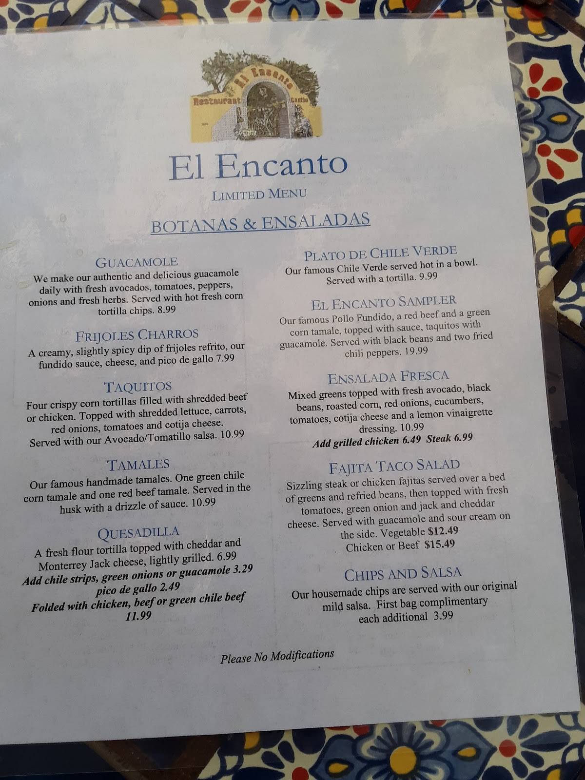 Menu at El Encanto restaurant, Cave Creek, E Cave Creek Rd