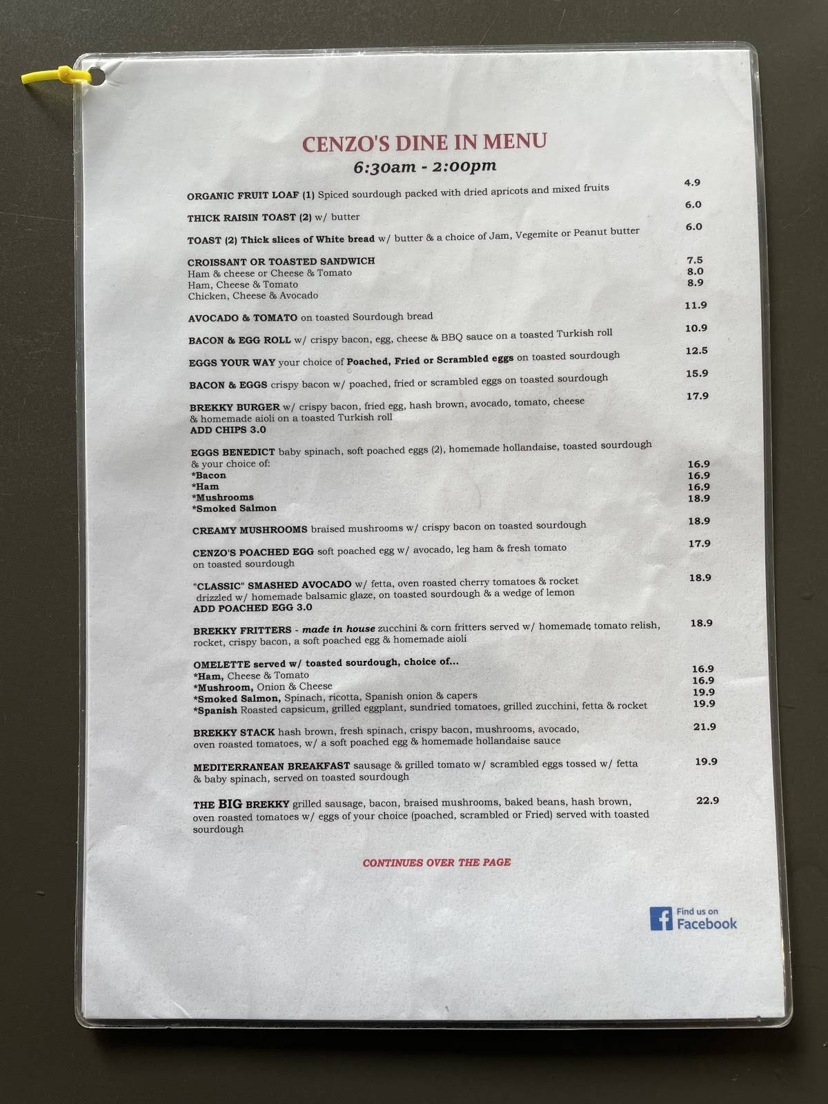 Menu at Cenzo's Cafe And Pizzeria., Maroochydore