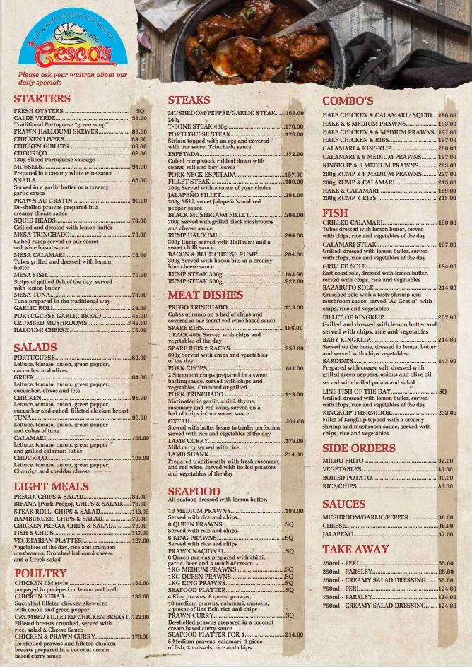 Menu at Cesco's Midrand, Carlswald restaurant, Midrand, 139 Seventh Rd