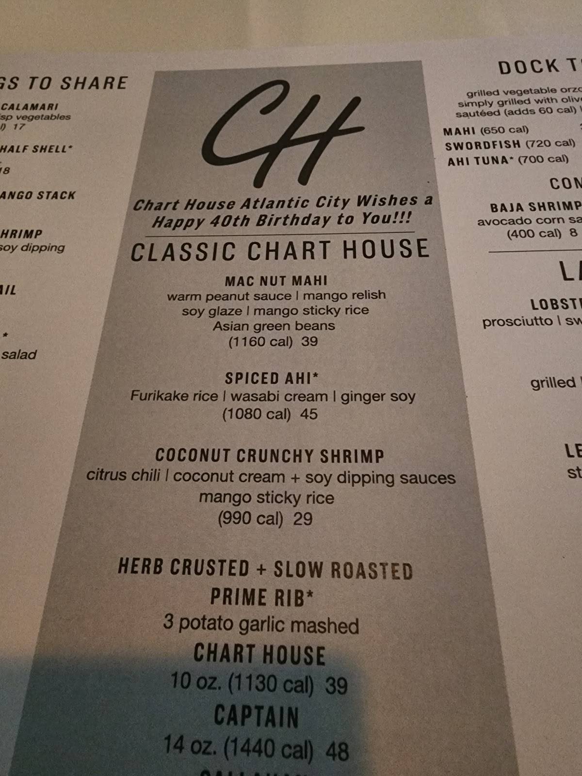 Menu at Chart House steakhouse, Atlantic City