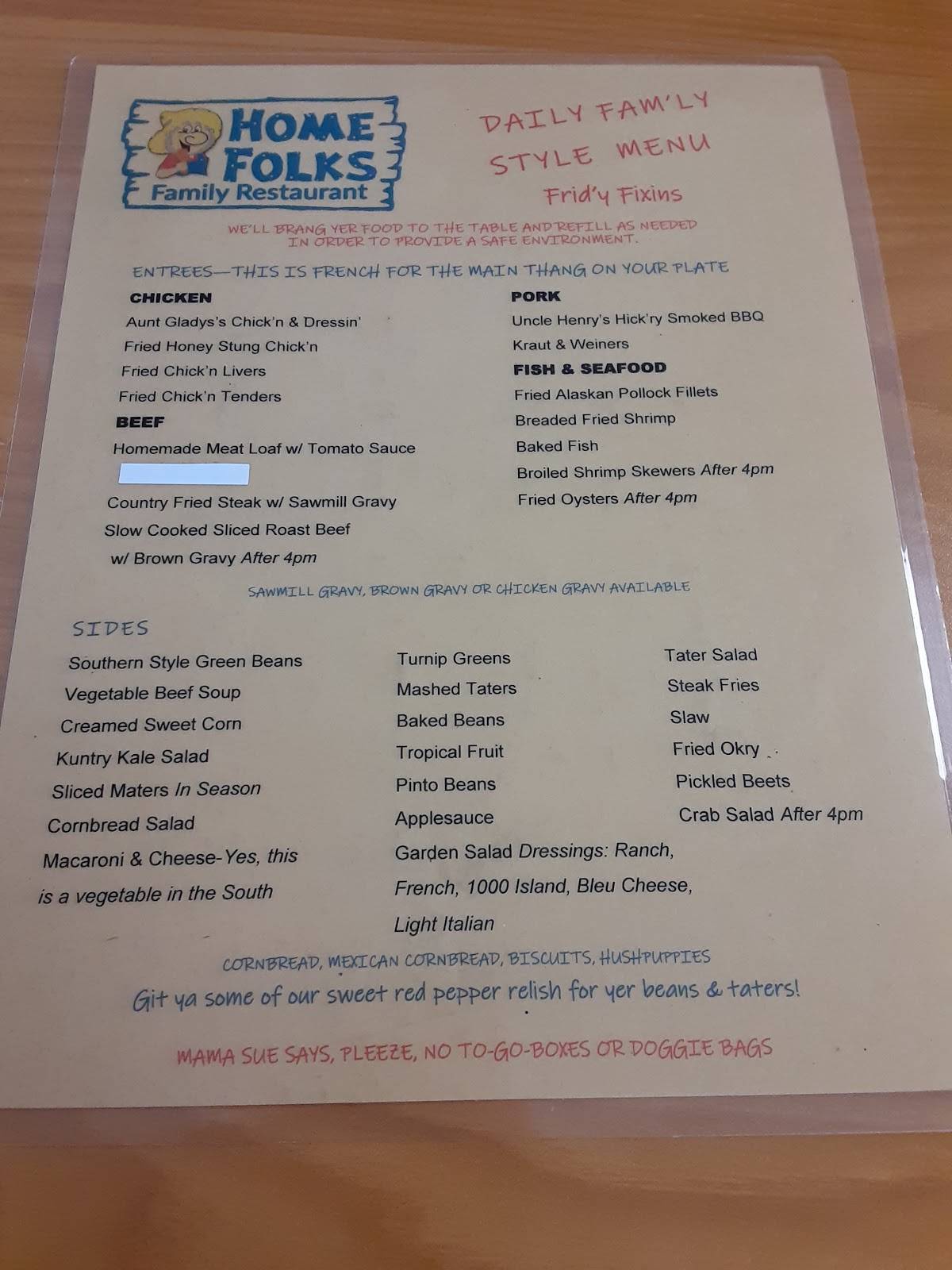 Menu at Home Folks Family Restaurant, Soddy-Daisy