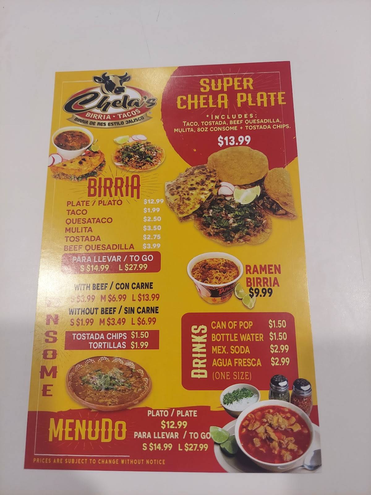Menu at Chela's Birria Tacos restaurant, Whiting
