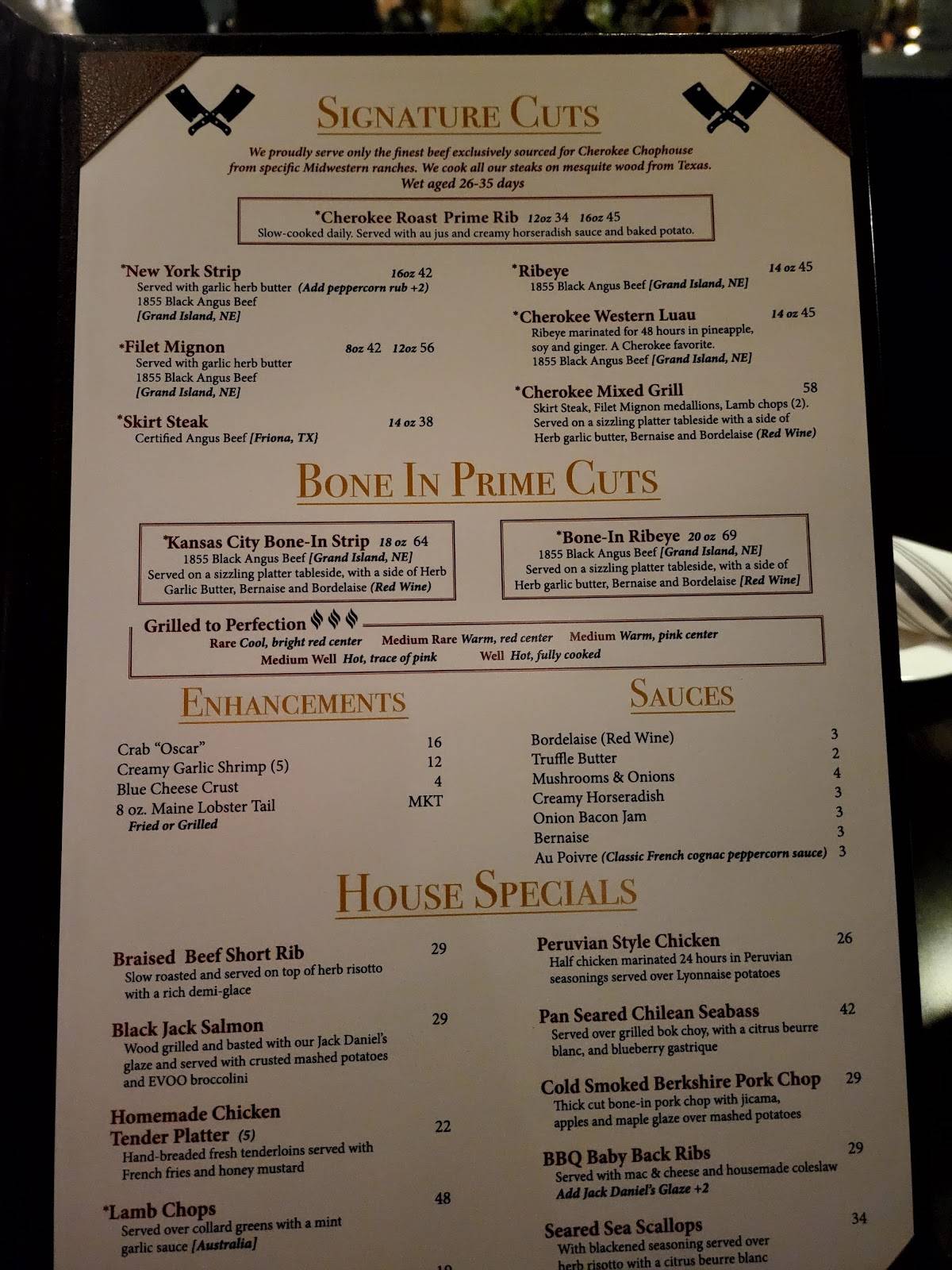 Menu at Cherokee Chophouse steakhouse, Marietta