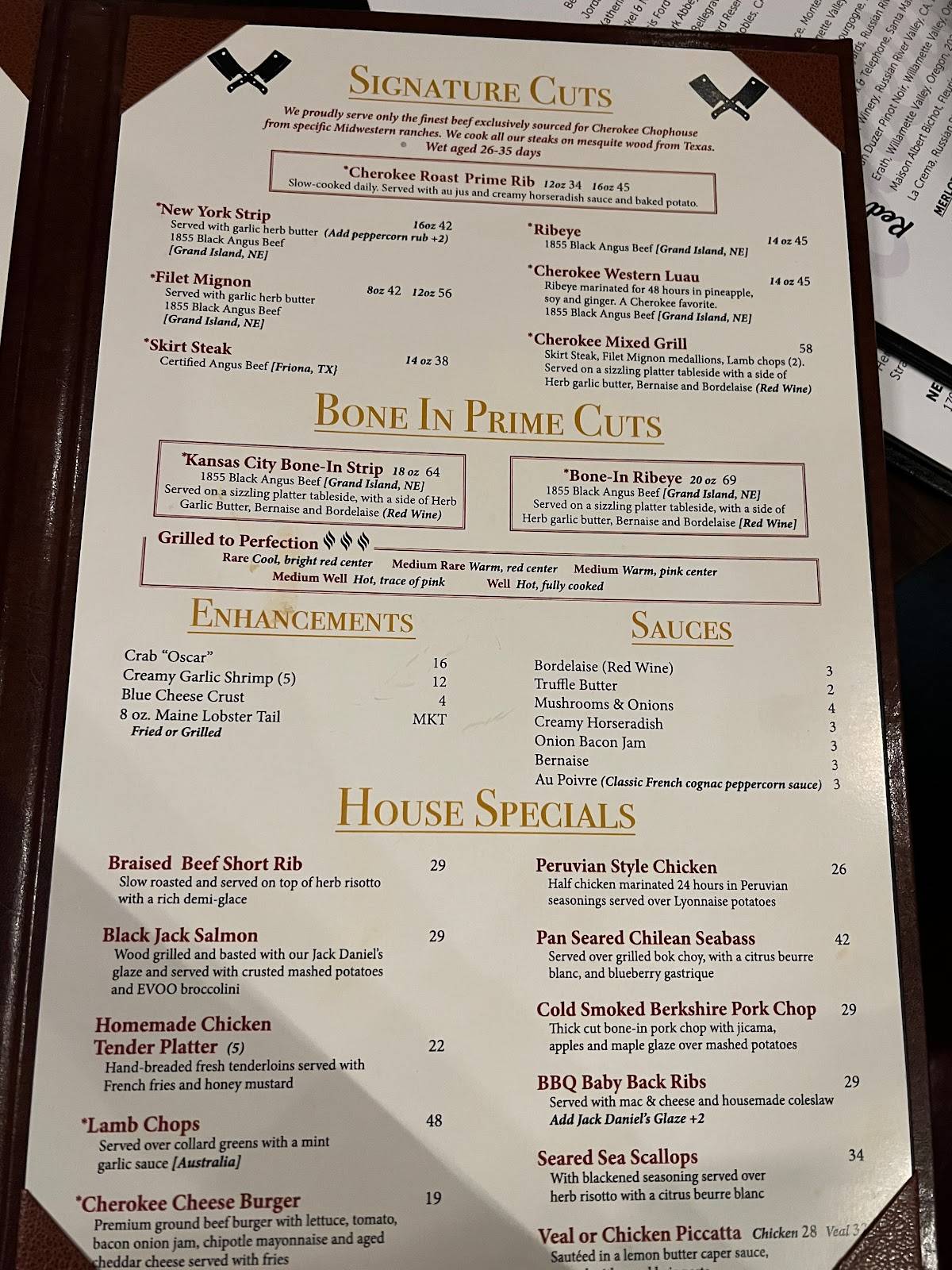 Menu at Cherokee Chophouse steakhouse, Marietta