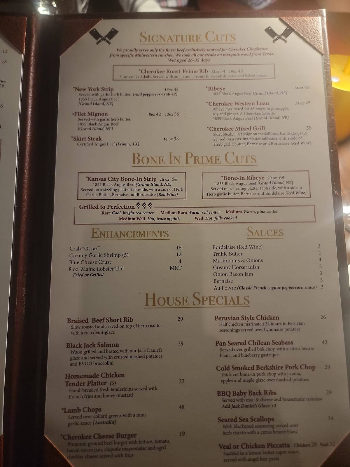Menu at Cherokee Chophouse steakhouse, Marietta
