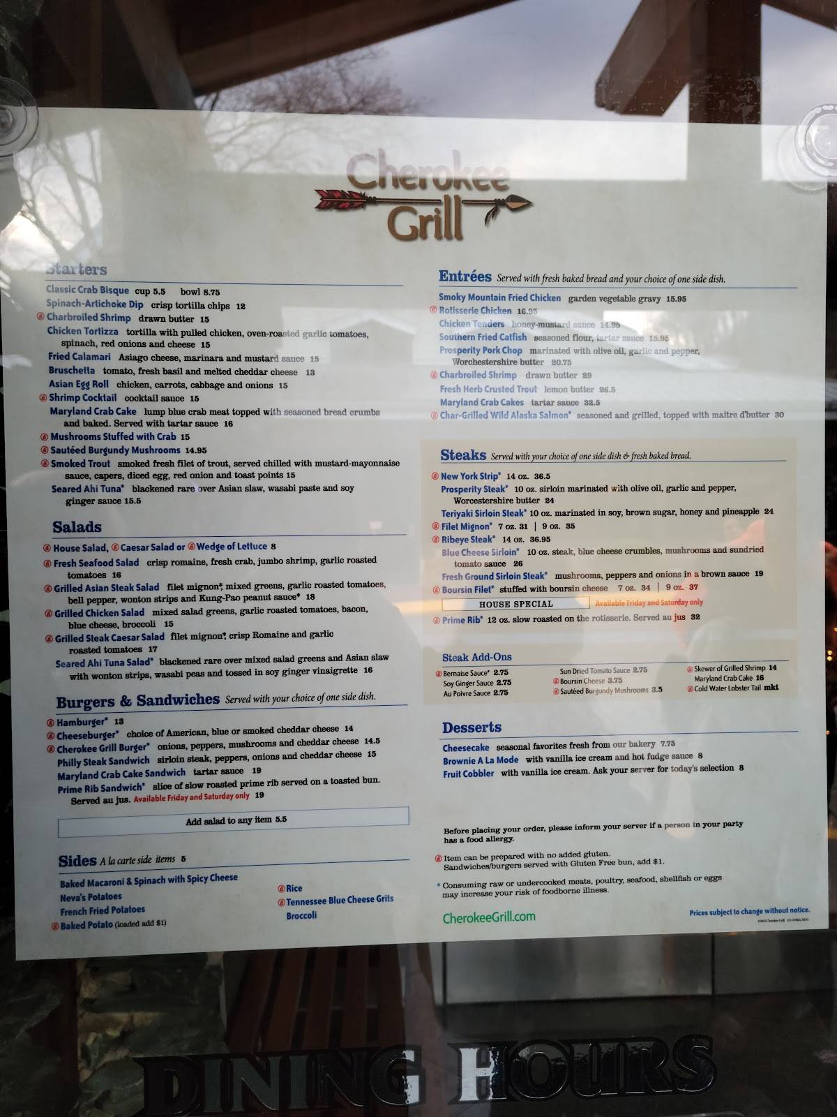 Menu at Cherokee Grill and Steakhouse, Gatlinburg