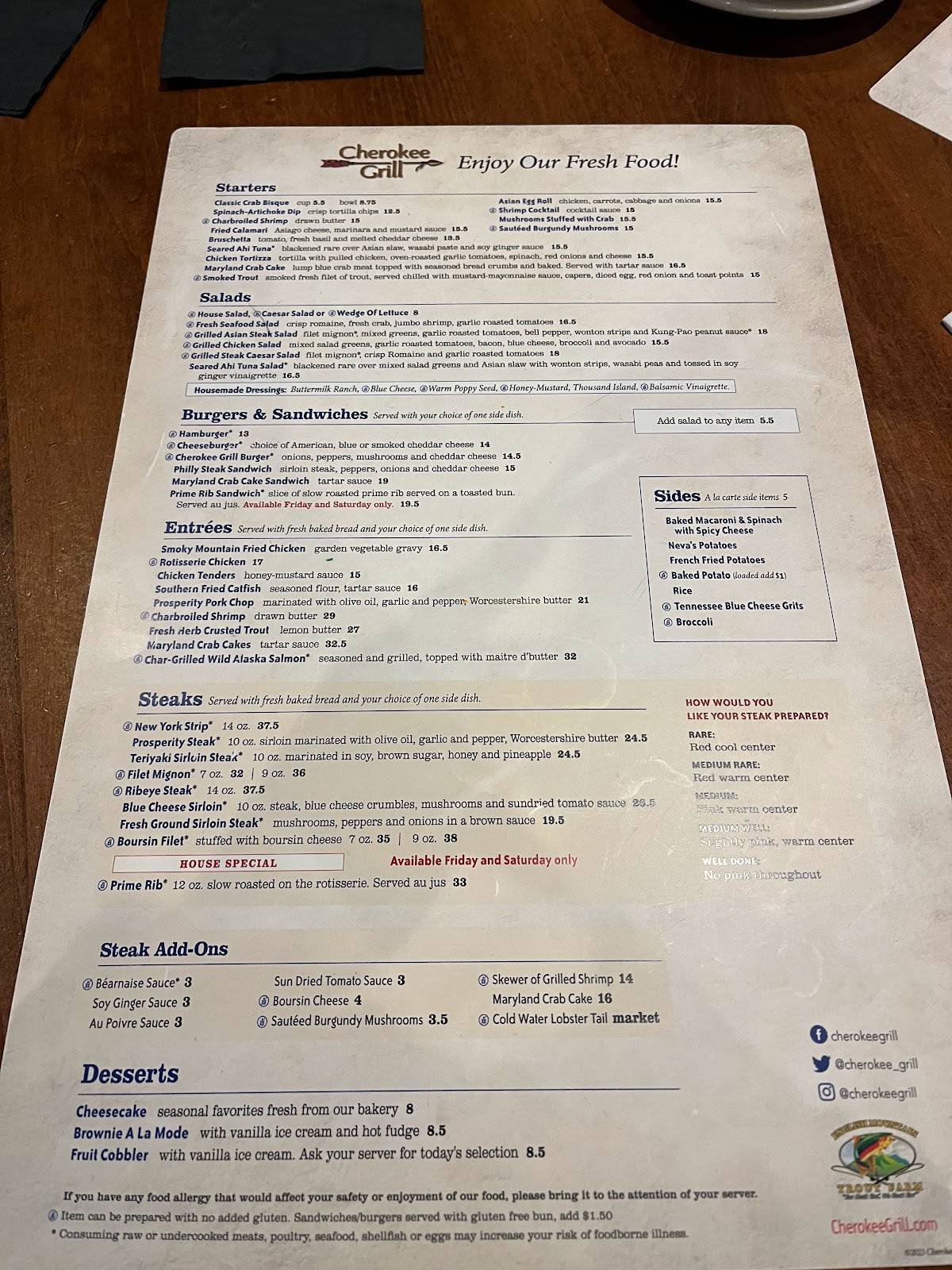 Menu at Cherokee Grill and Steakhouse, Gatlinburg