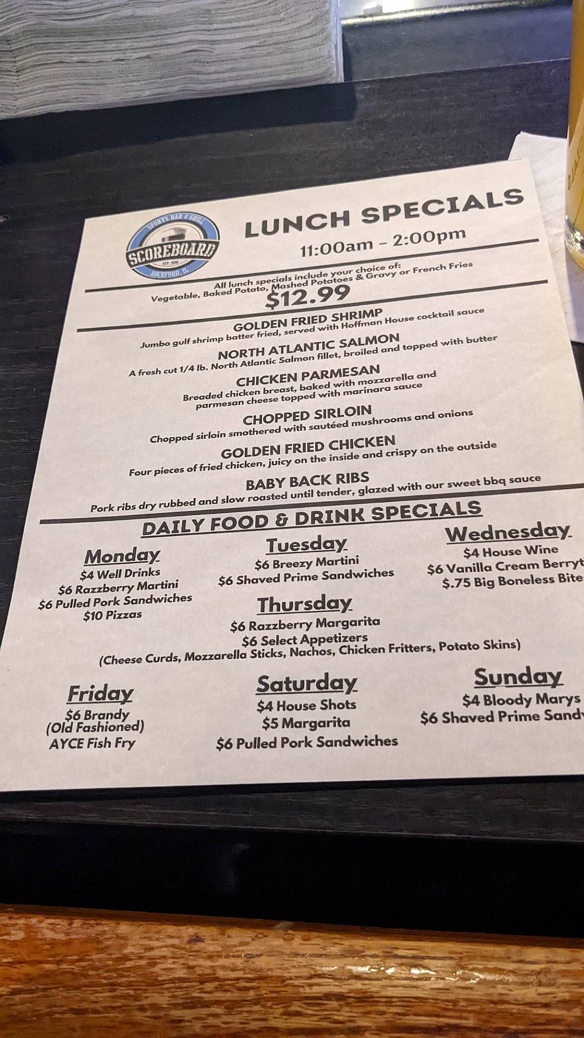 Menu at Scoreboard Sports Bar & Events by Hoffman House, Rockford