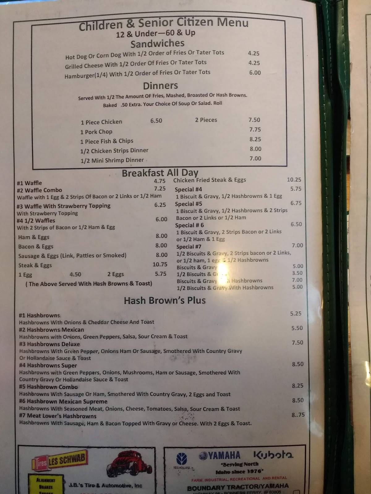 Menu at Chic-N-Chop restaurant, Bonners Ferry