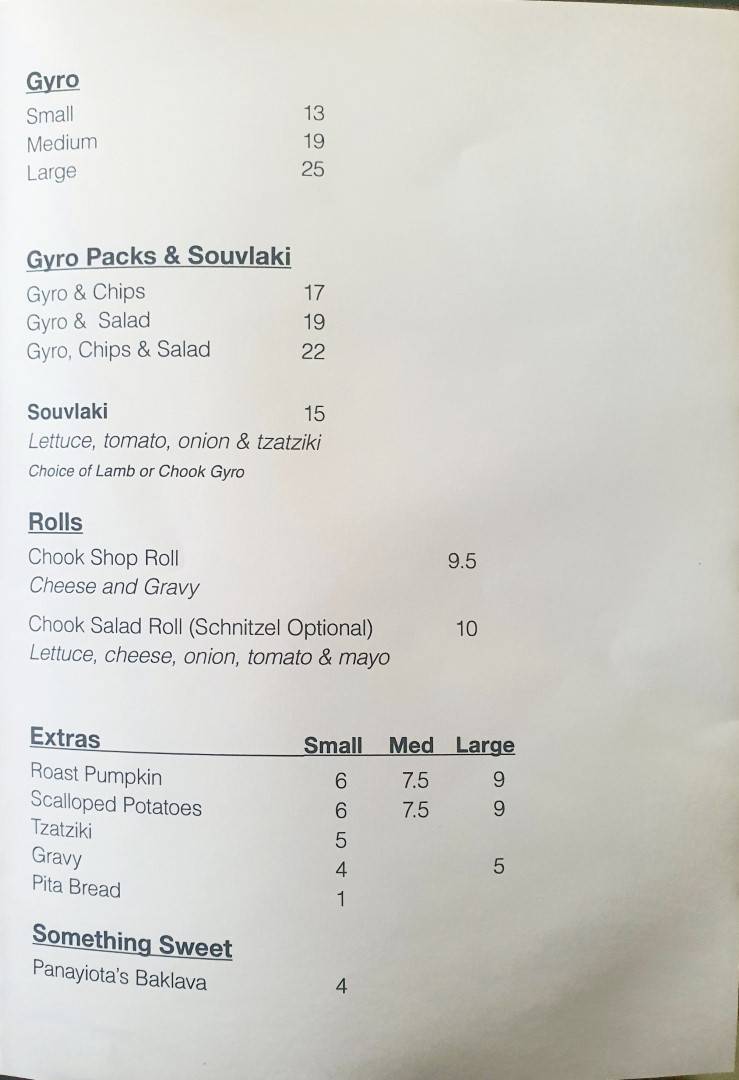Carta de comida rápida Chook Shop Charcoal Chicken, Huntingdale