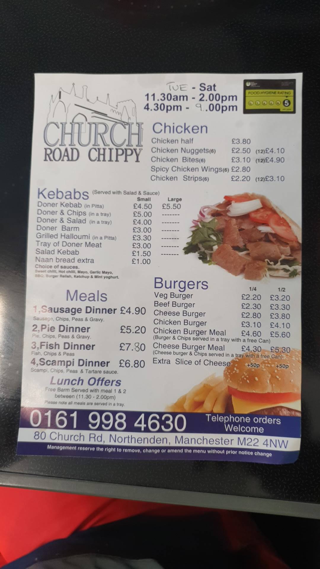 Menu at Church Road Chippy restaurant, Manchester