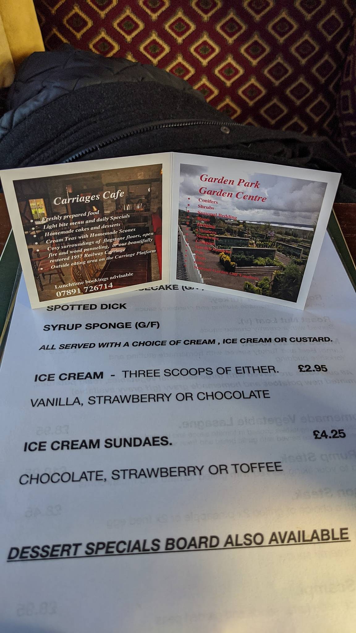 Menu at Carriages cafe, Clevedon