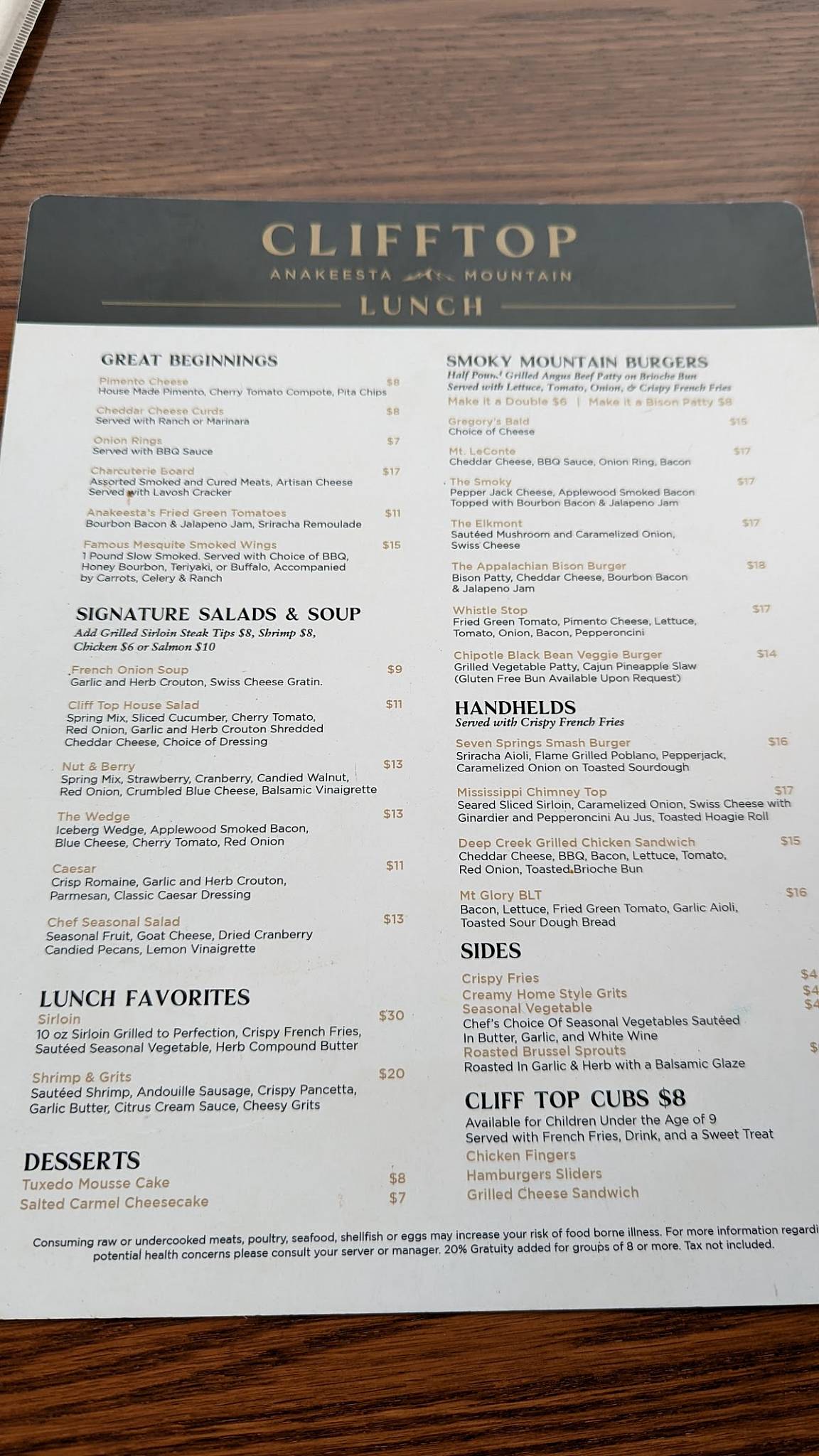 Menu at Cliff Top Restaurant at Anakeesta, Gatlinburg