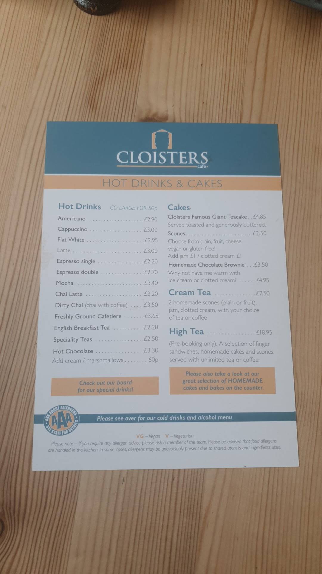 Menu at Cloisters cafe, Wimborne Minster