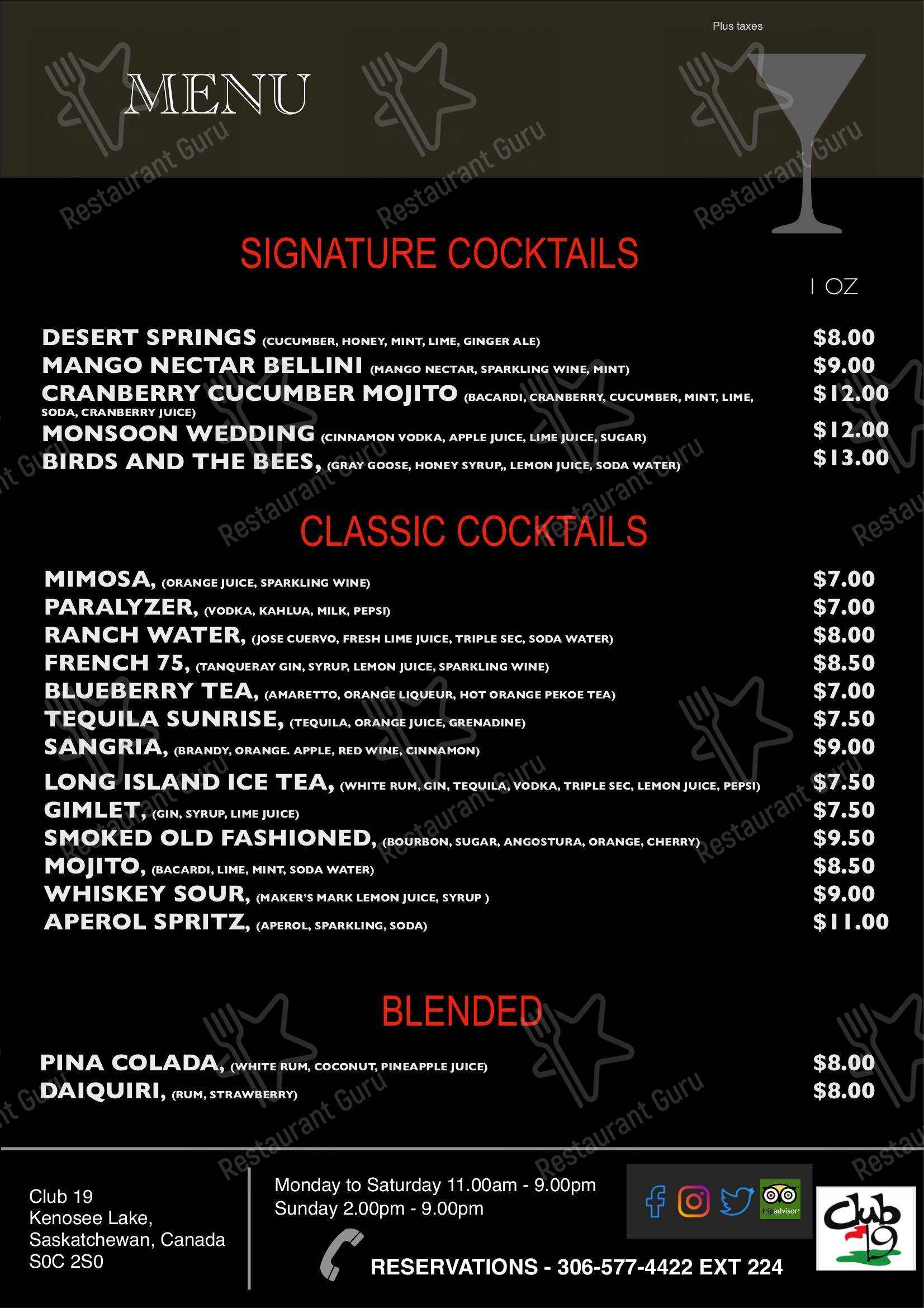 Menu at Club 19, Kenosee Lake, Kenosee Lake Golf Course