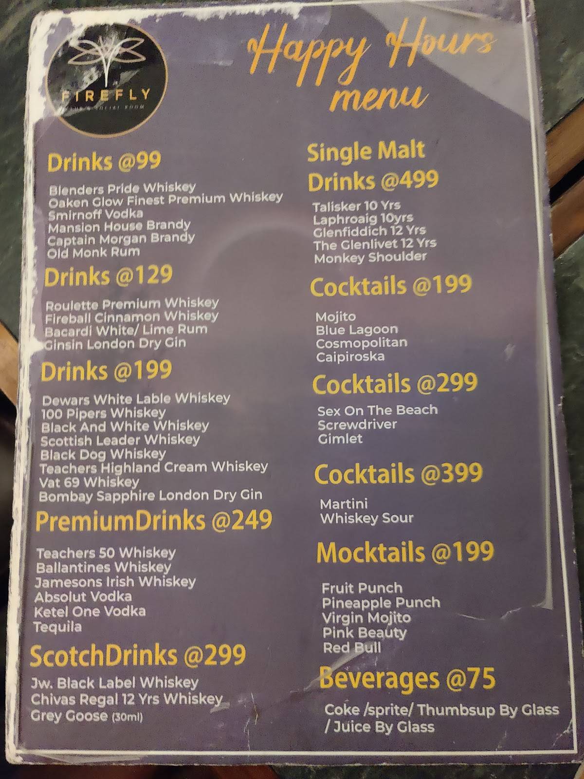 Menu at Firefly Club & Social Room, Hyderabad