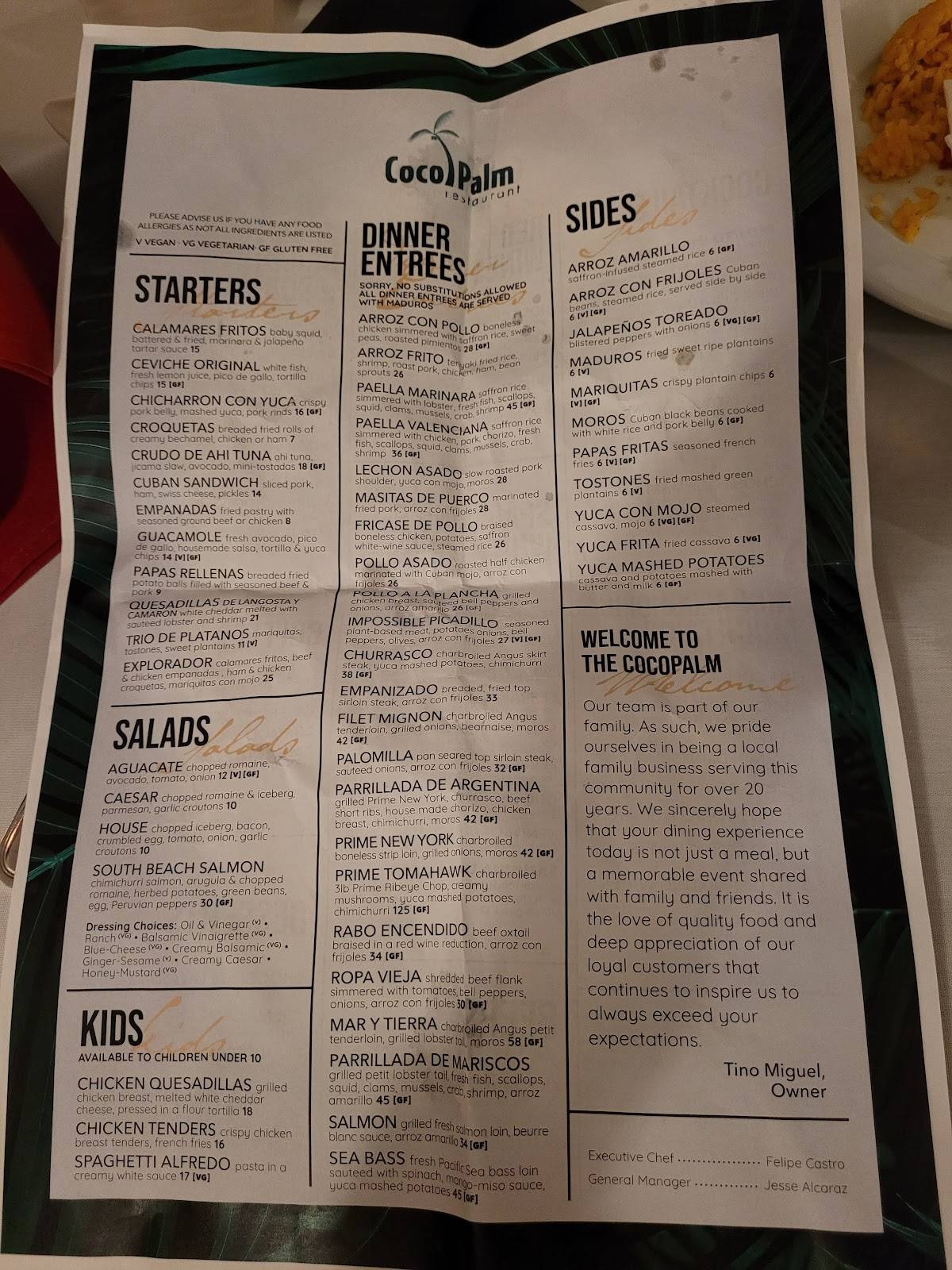 Menu at Coco Palm Restaurant, Pomona