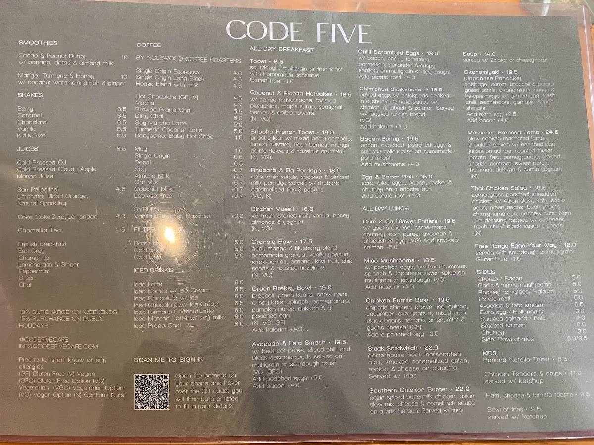 Menu at Code Five cafe, Wheelers Hill