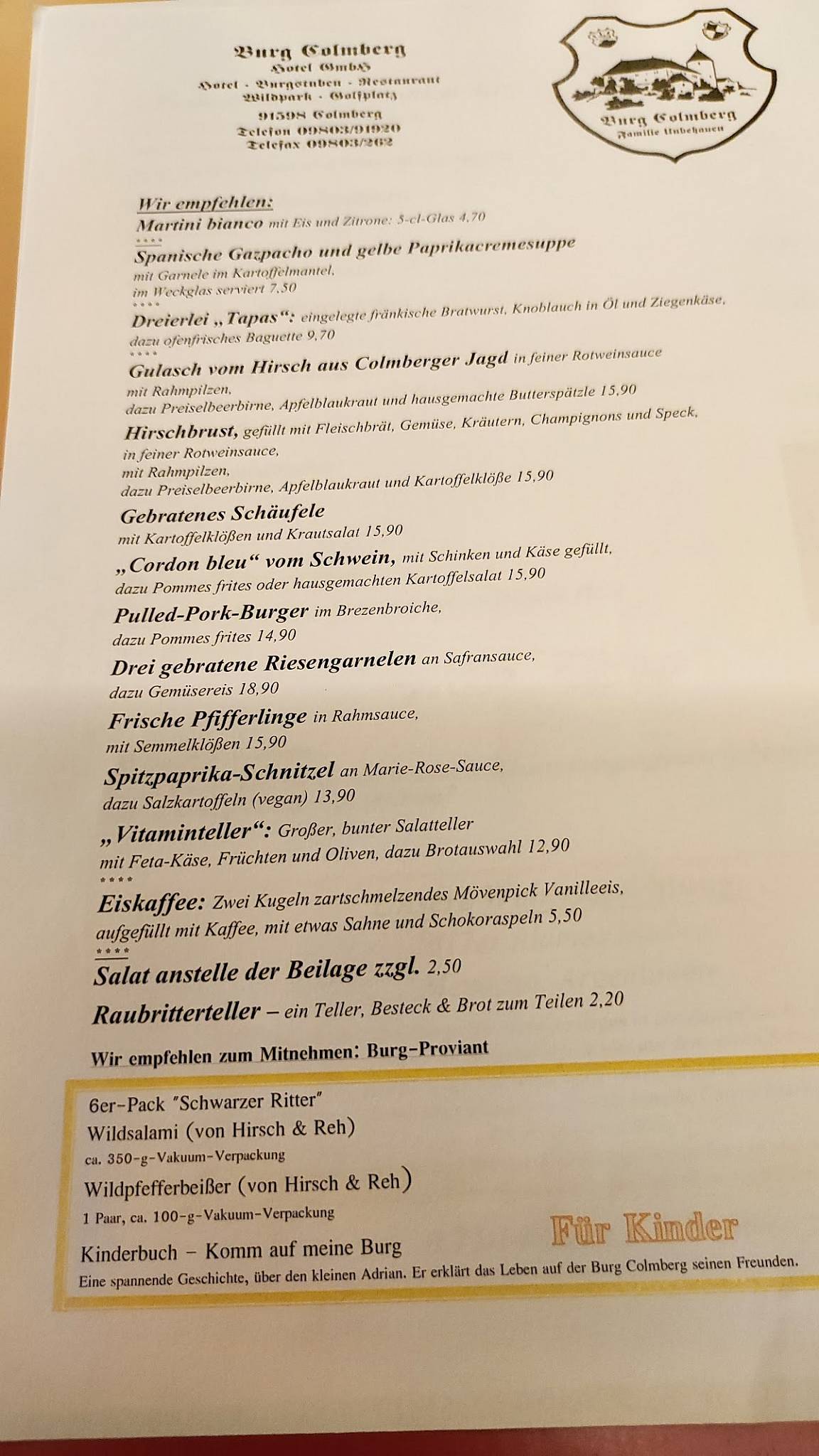 Speisekarte von Burg Colmberg Hotel & Restaurant, Colmberg, An der ...