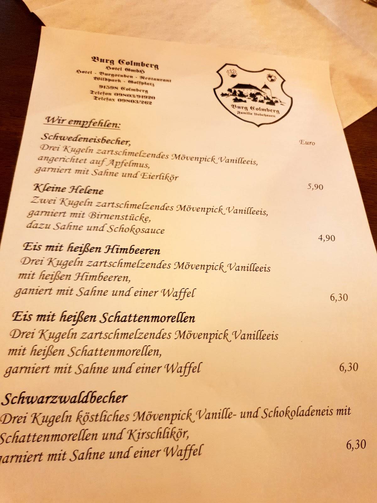 Menu at Colmberg Castle restaurant, Colmberg, Burg