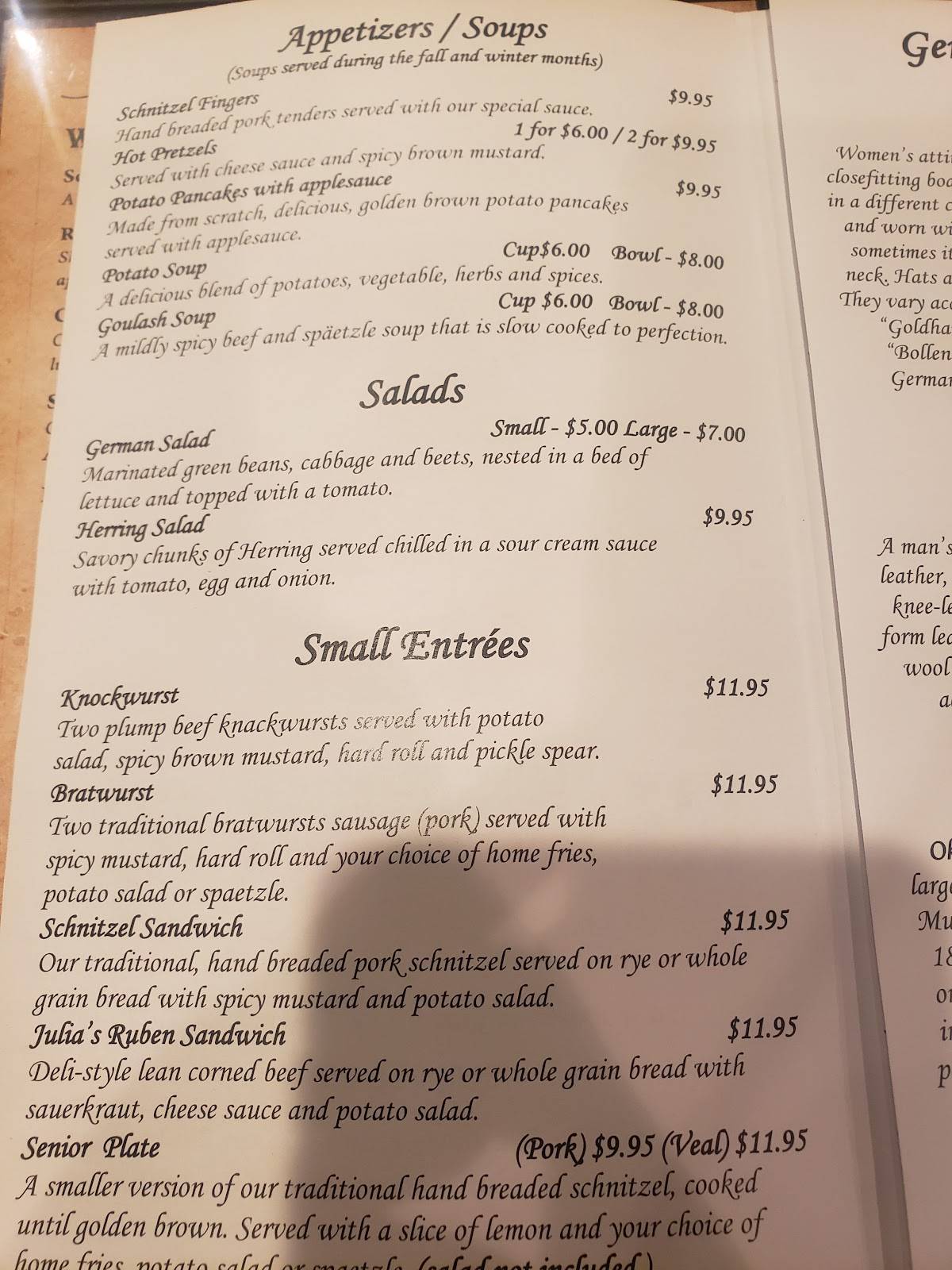 Menu at Julia's German Stammtisch restaurant, Columbia, 120 ...