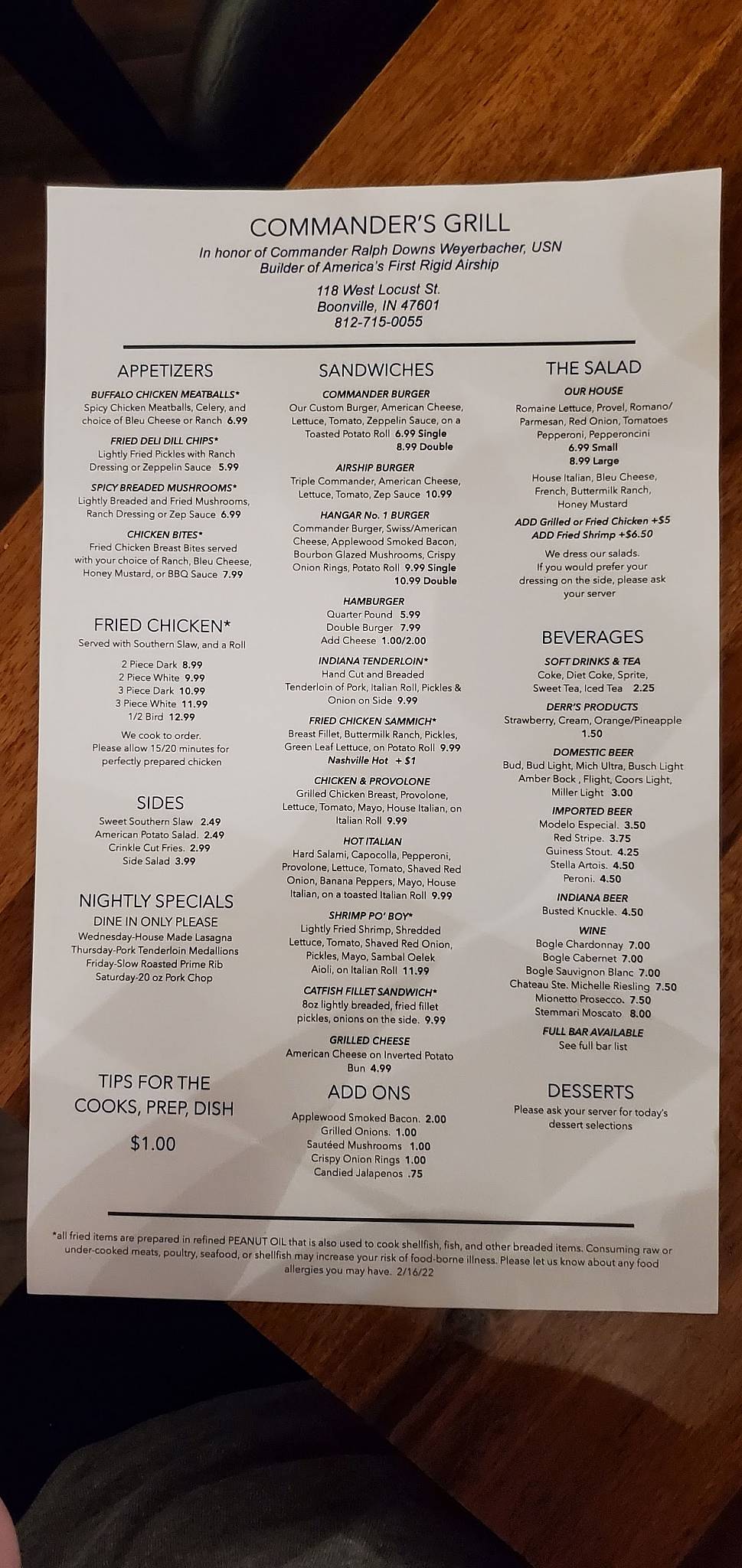 Menu at Commander's Grill restaurant, Boonville