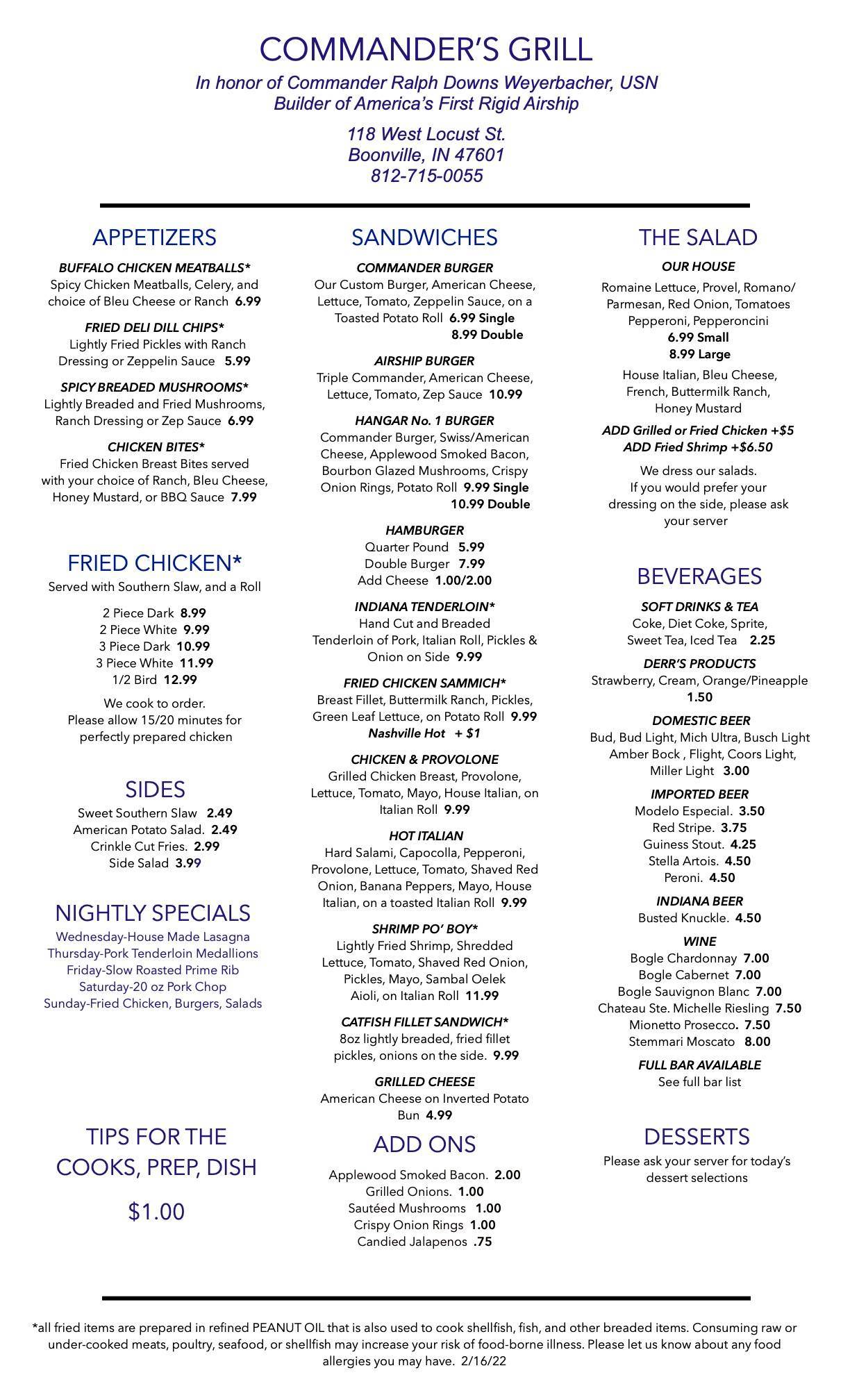 Menu at Commander's Grill restaurant, Boonville