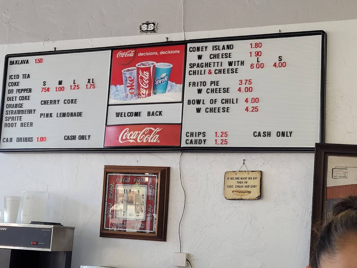 Menu at Coney Island restaurant, Oklahoma City, 240 SW 25th St
