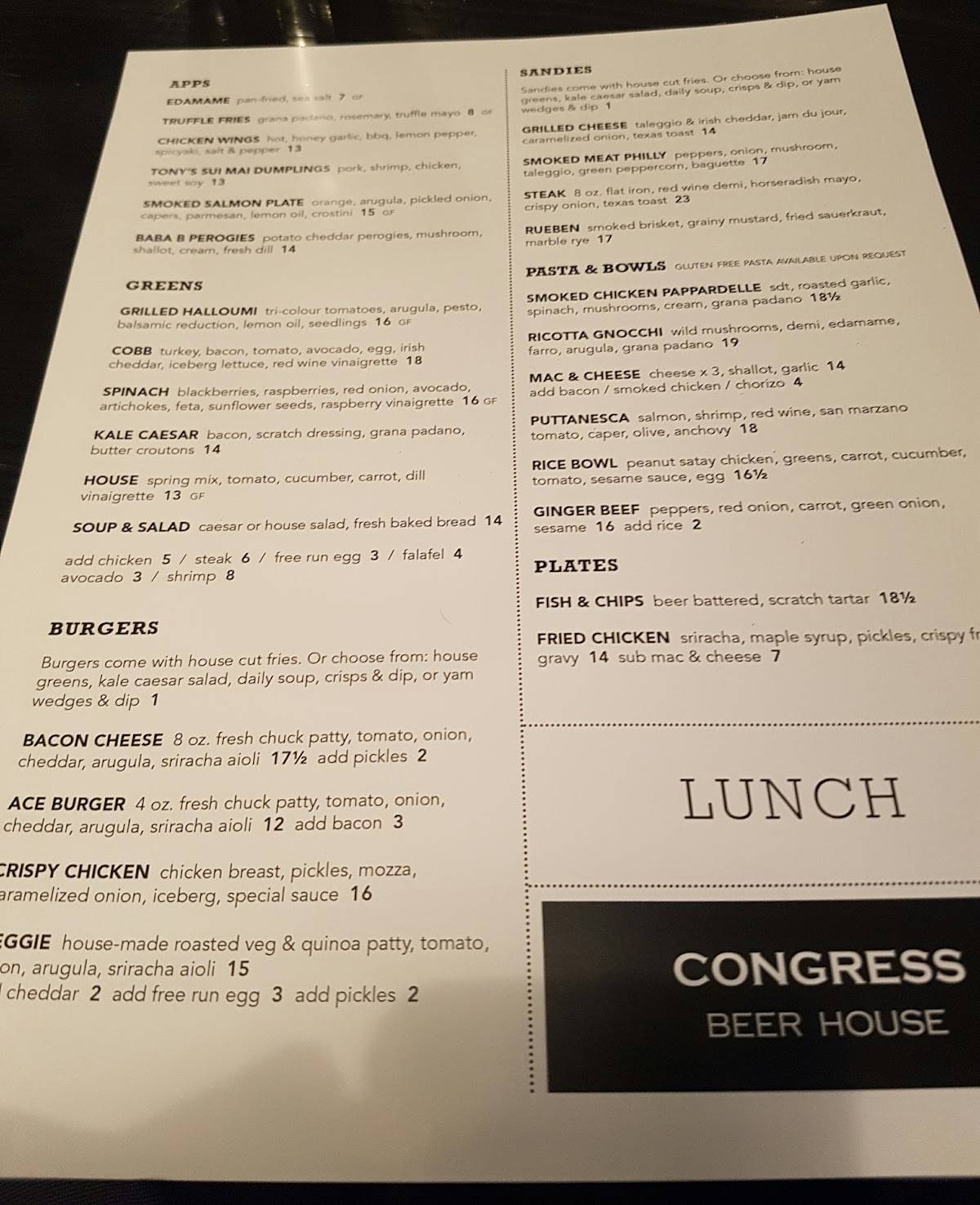 Menu at Congress Beer House pub & bar, Saskatoon