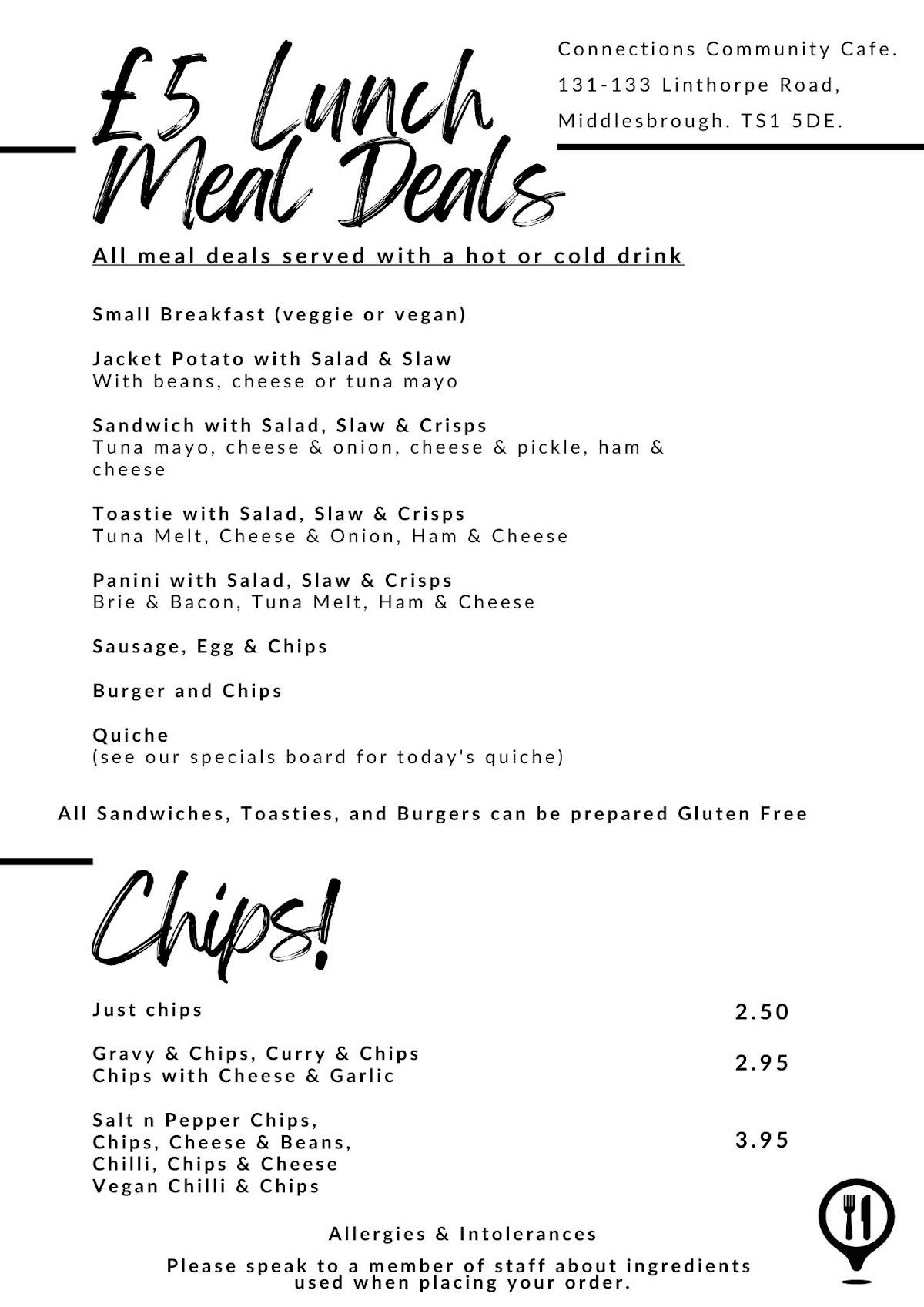Menu at Connections Community Cafe, Middlesbrough